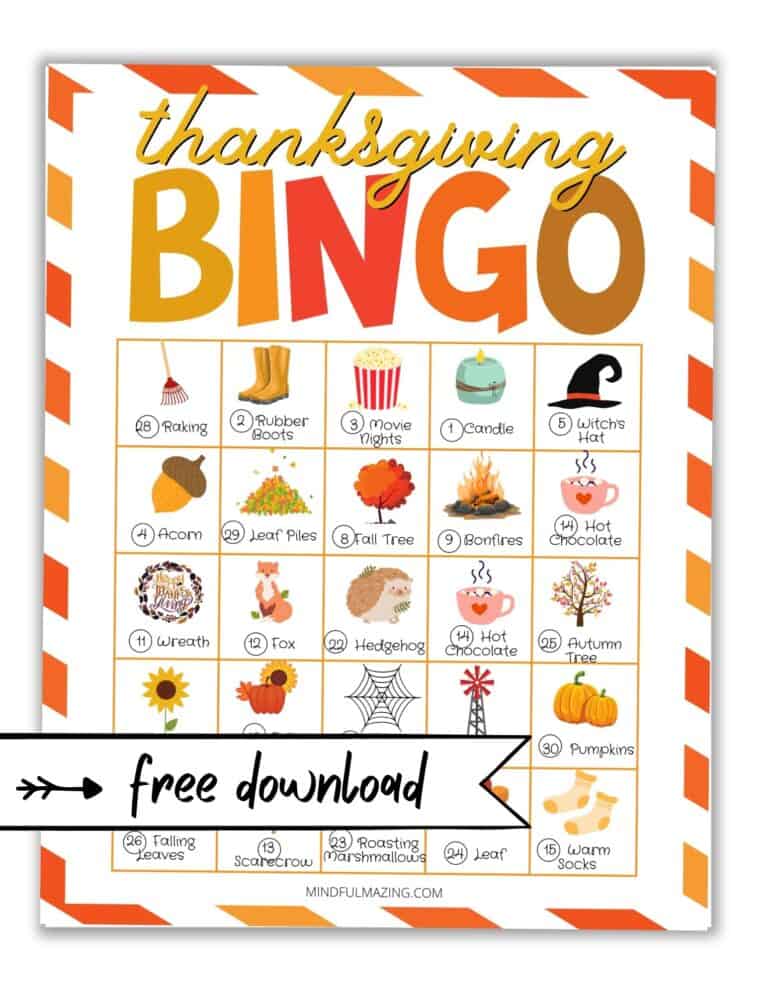 30 Free Printable Thanksgiving Bingo Cards for Kids • Mindfulmazing.com