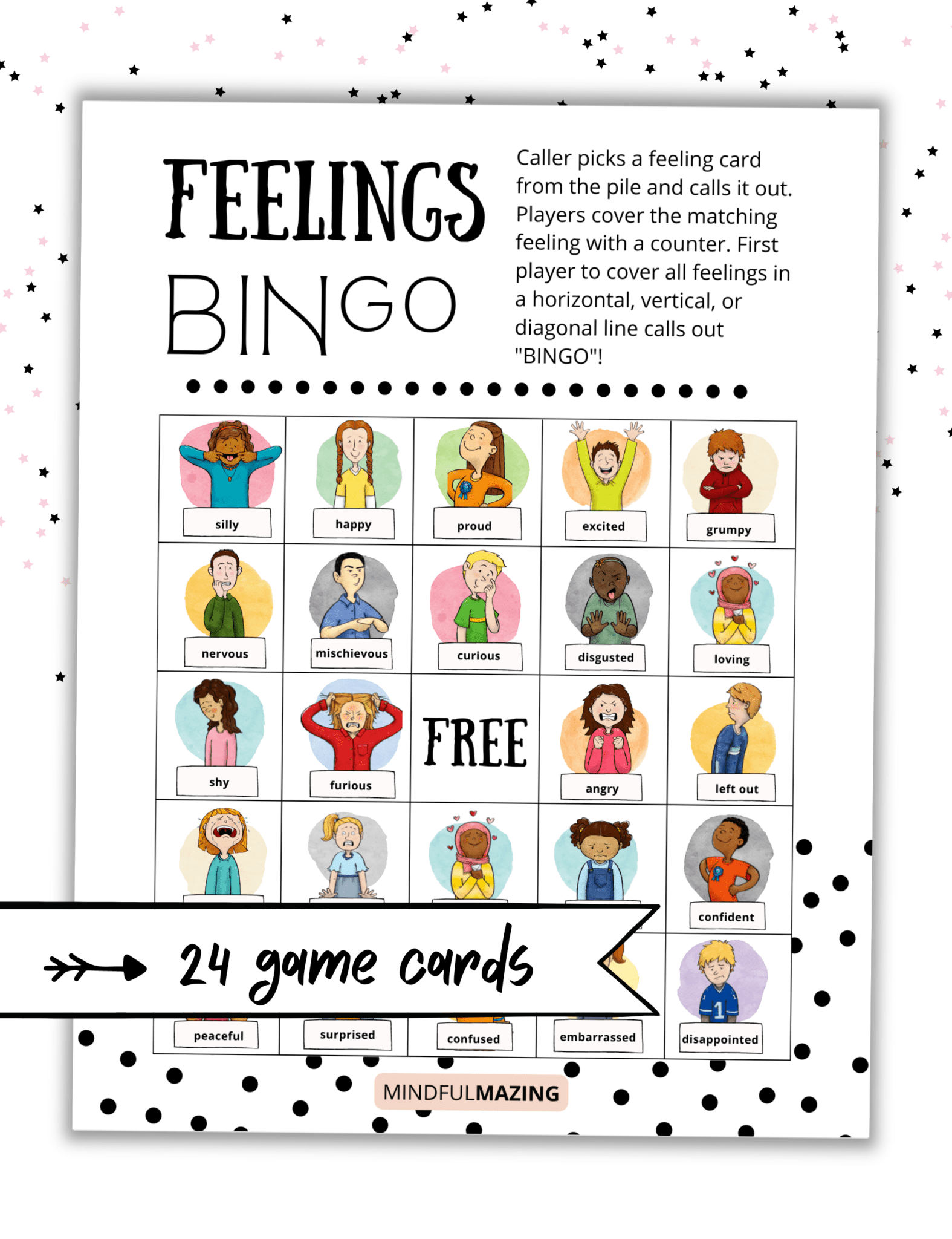 Printable Feelings Bingo Game 24 Cards Mindfulmazing Printable Feelings Bingo Game 24 Cards Mindfulmazing