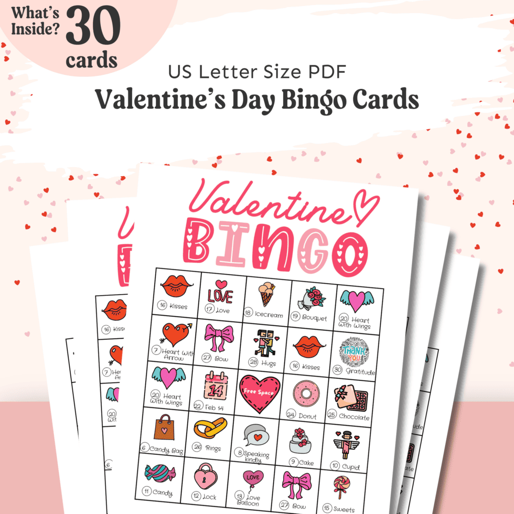 Free Printable Valentine's Bingo Game (30 Cards!) • Mindfulmazing.com