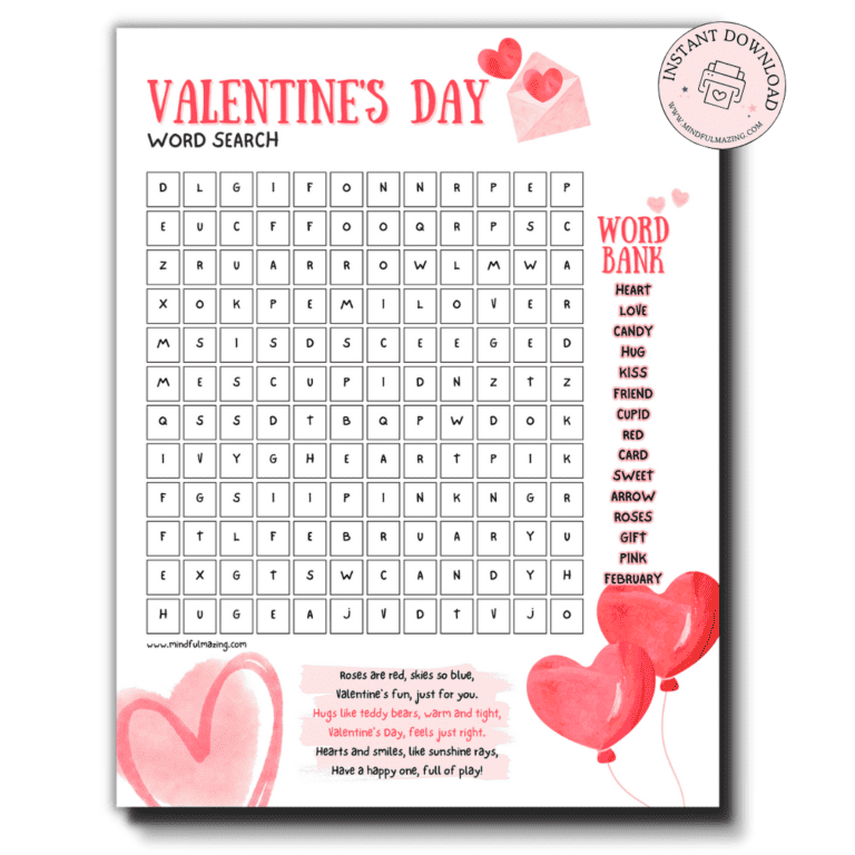 Free Valentine's Wordsearch Printable for Kids • Mindfulmazing.com