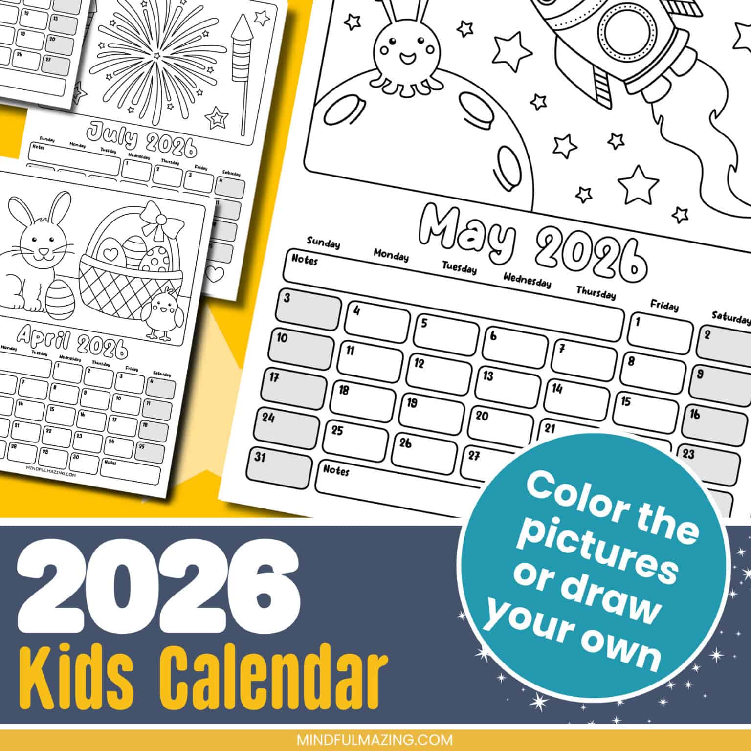 Free Printable Coloring Calendar for Kids in 2026 • Mindfulmazing.com